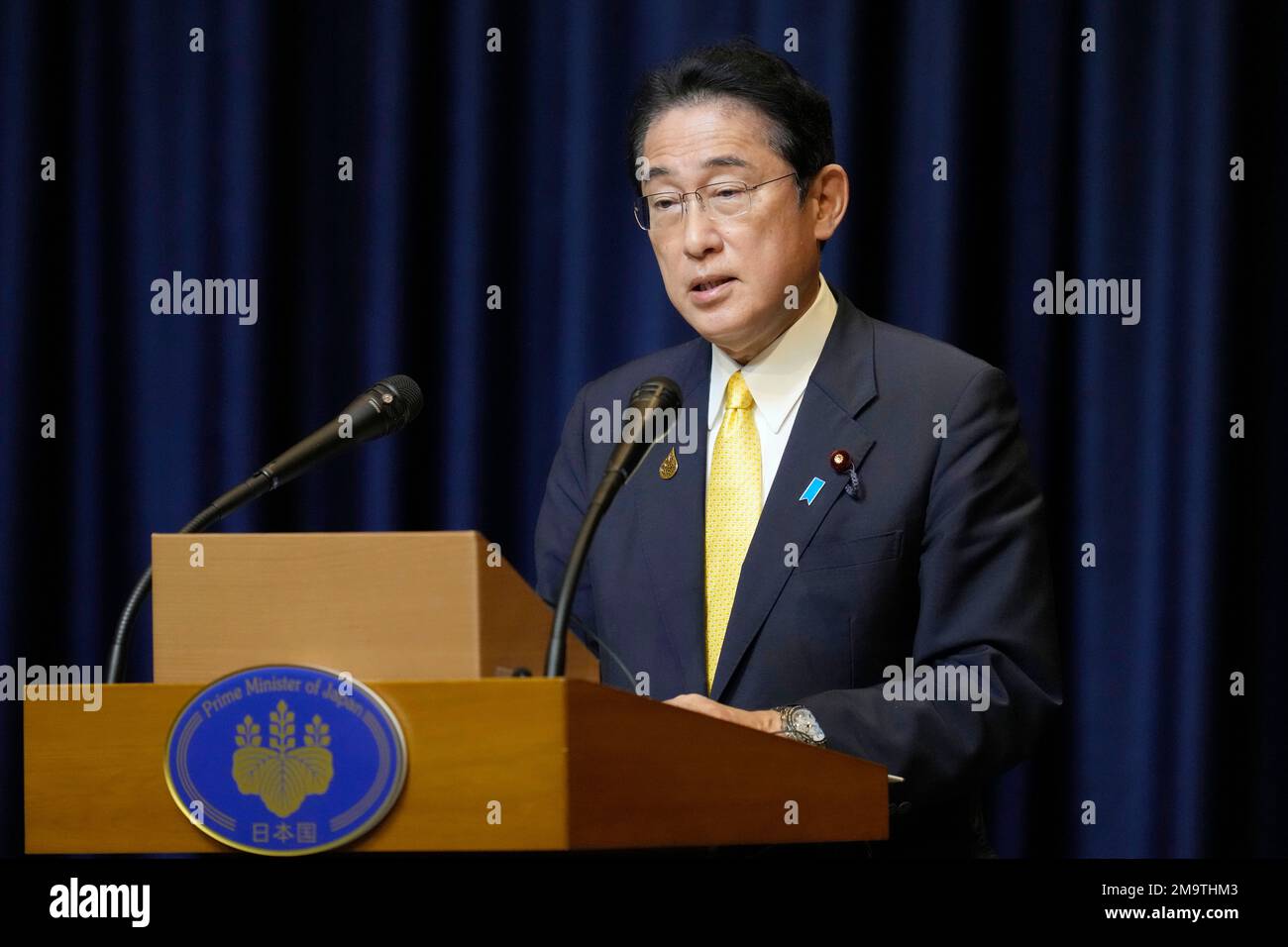 Japan's Prime Minister Fumio Kishida, talks to reporter during a press ...