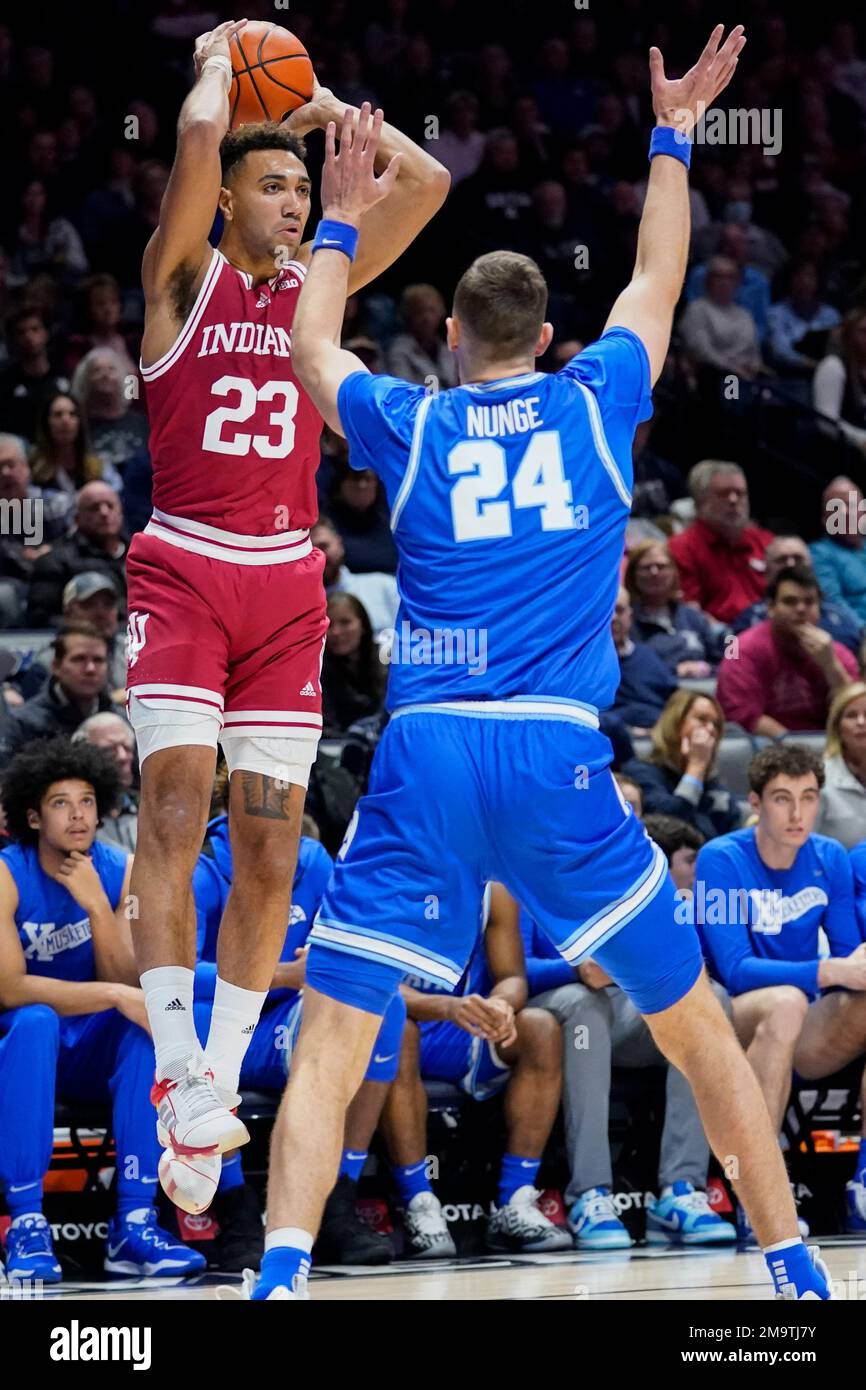 Indiana forward Trayce Jackson-Davis (23) passes as Xavier forward Jack ...
