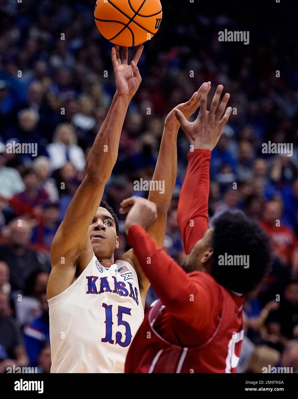 Kansas guard Kevin McCullar Jr. (15) shoots over Southern Utah guard ...