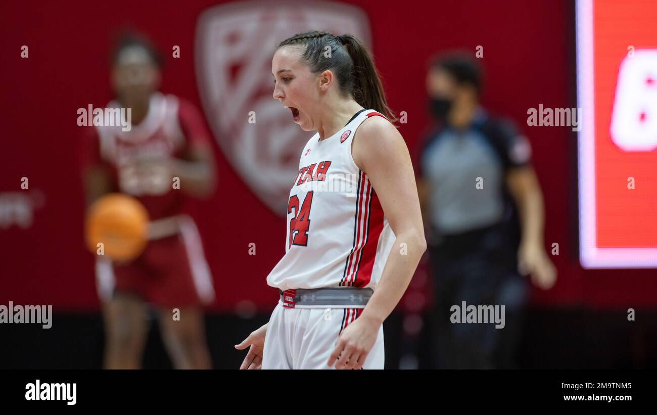 Utah Utes guard Kennady McQueen (24) celebrates a made basket during an ...