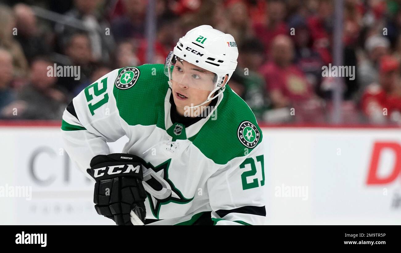 Dallas Stars left wing Jason Robertson passes the puck during the first ...