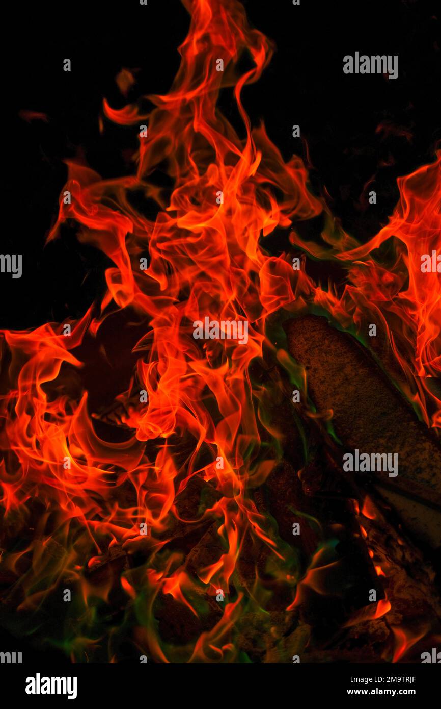 Sparks and flames.Firewood burning in bonfire.Burning bonfire.magical ...