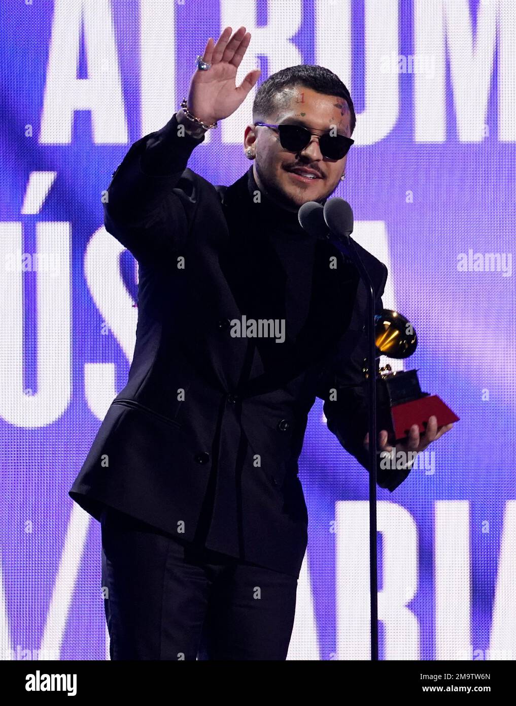Christian Nodal accepts the award for best ranchero/mariachi album for ...