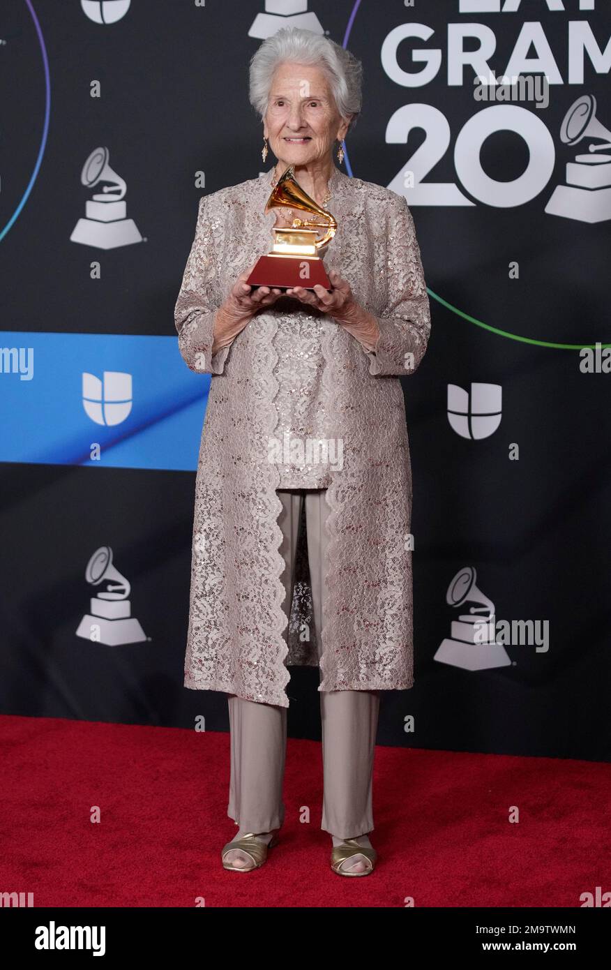 Angela Alvarez poses in the press room with the award for best new ...