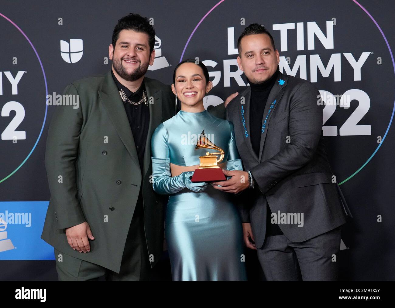 Roman Torres, from left, Melissa Robles and Pablo Preciado of Matisse pose in the press room ...