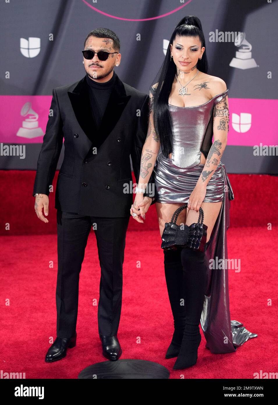 Christian Nodal, left, and Cazzu arrive at the 23rd annual Latin Grammy ...