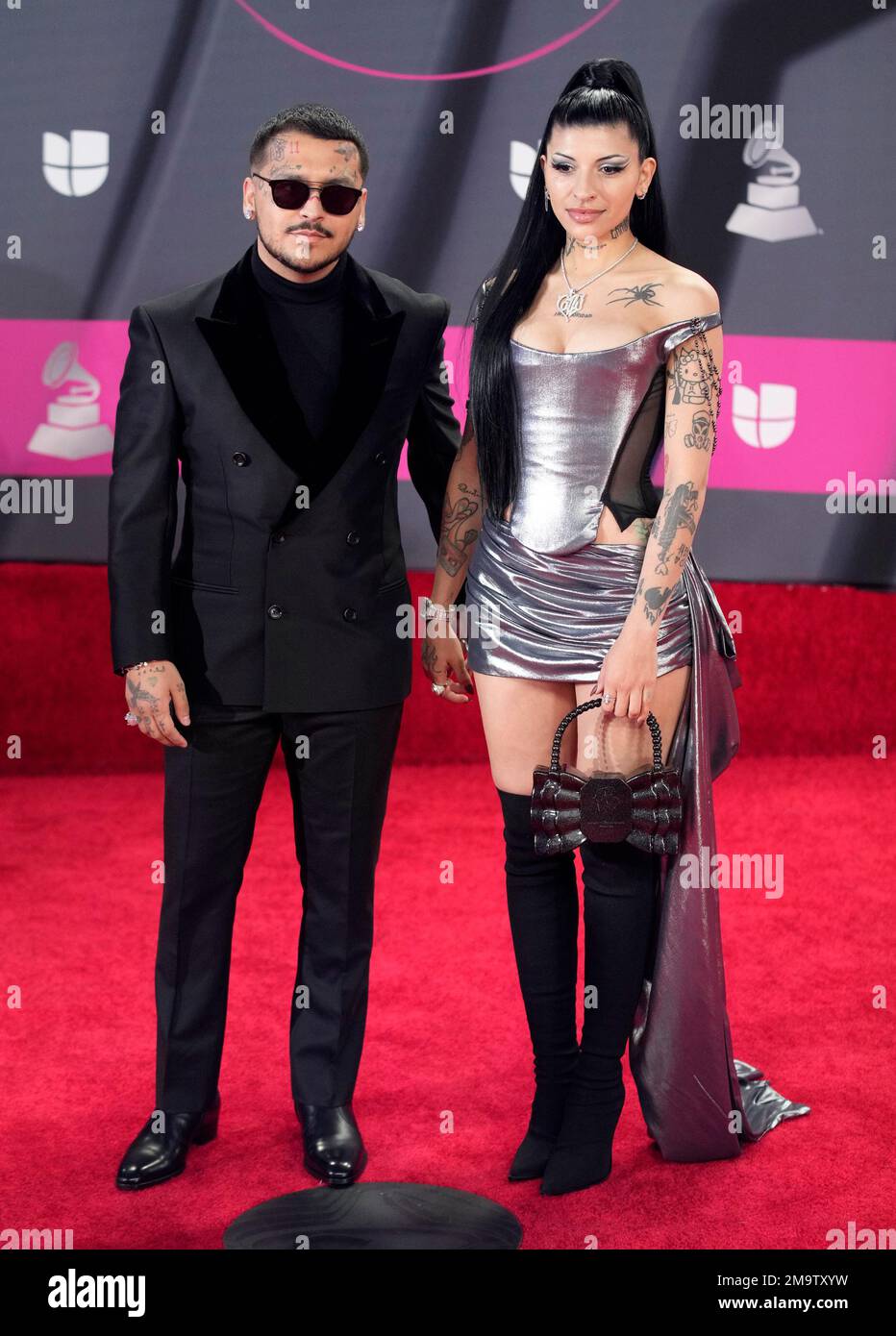 Christian Nodal, left, and Cazzu arrive at the 23rd annual Latin Grammy ...