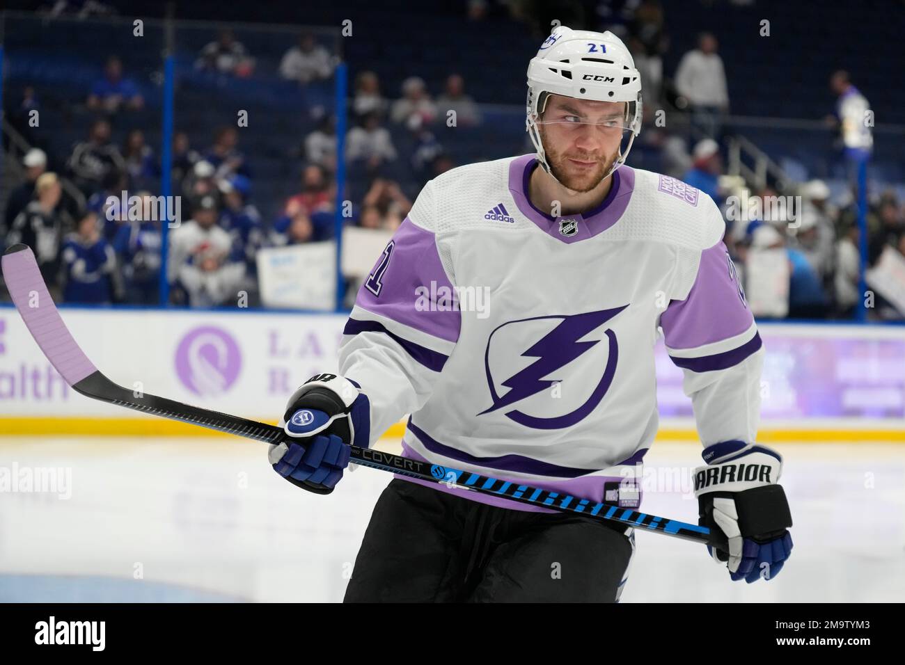 Tampa Bay Lightning center Brayden Point (21) before an NHL hockey game ...