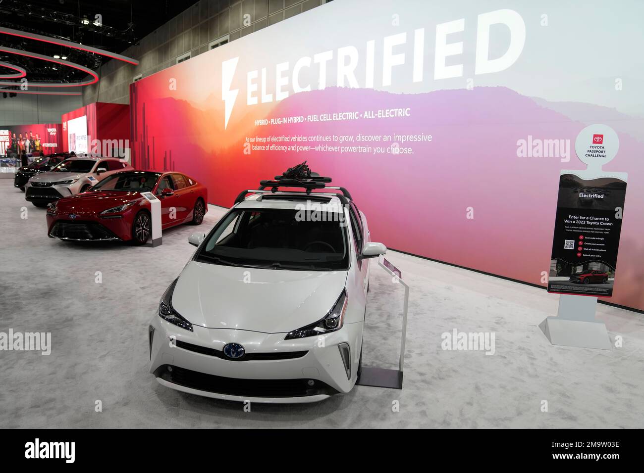 A line of Toyota cars are displayed at the AutoMobility LA Auto Show ...