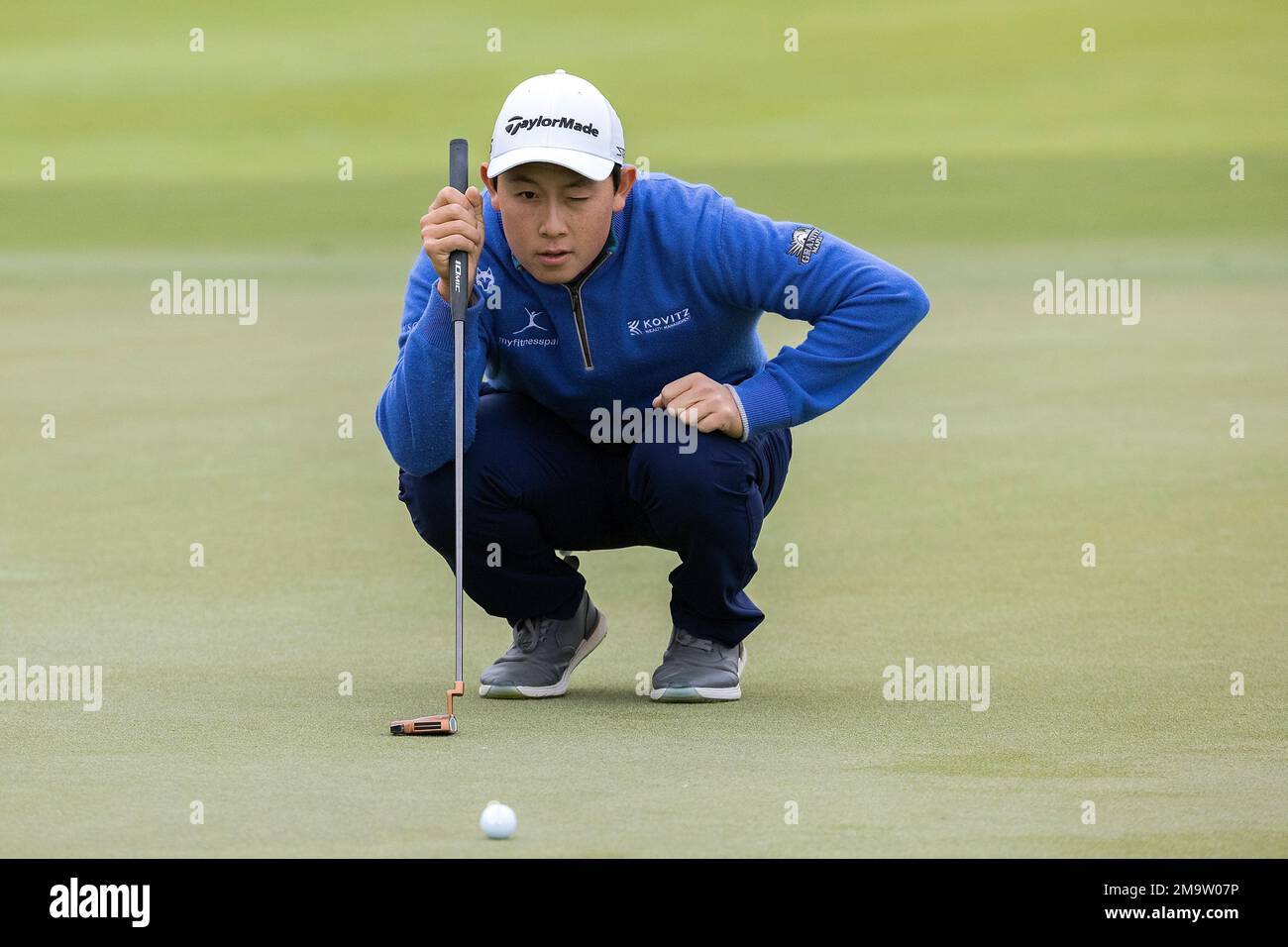Dylan Wu lines up his putt on the ninth green during the first round of the RSM Classic golf ...