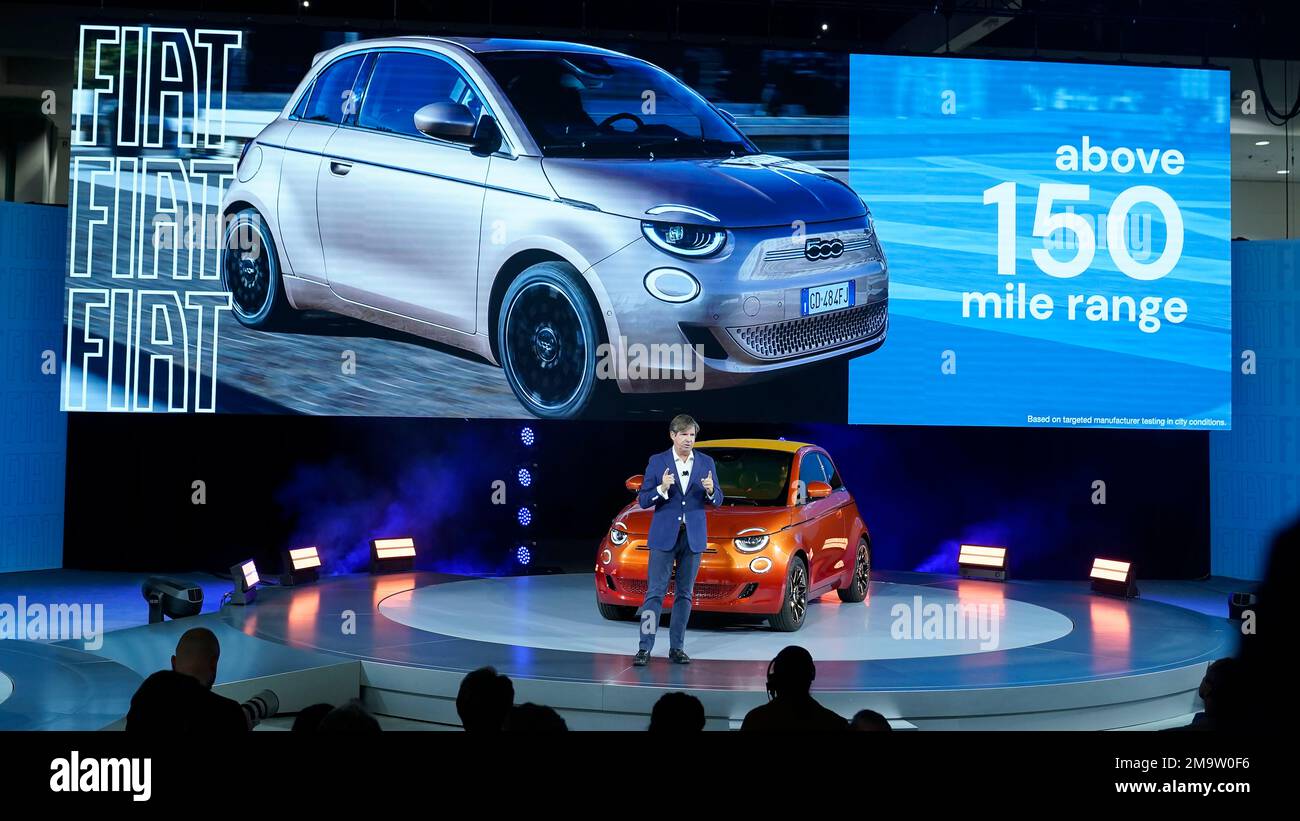 Fiat CEO Olivier François speaks next to a Fiat 500 car at the ...