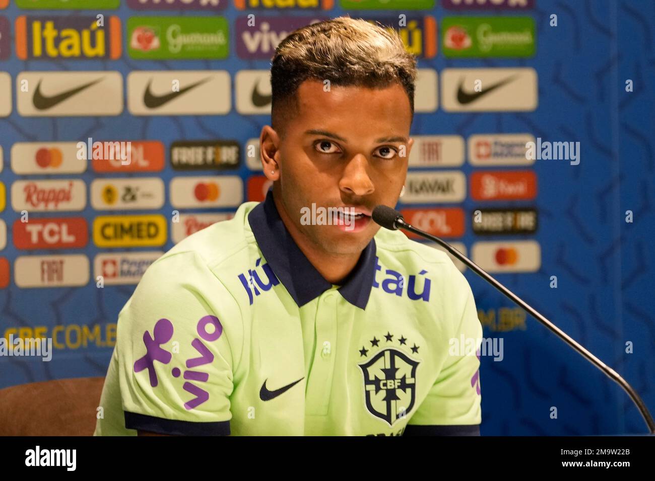 Brazil's Rodrigo answers to reporters during a news conference, in ...