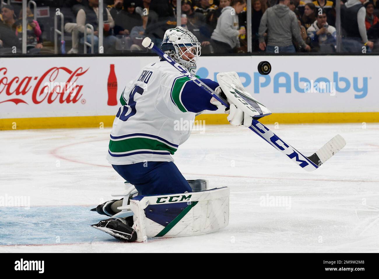 Vancouver Canucks goaltender Thatcher Demko makes a blocker save ...