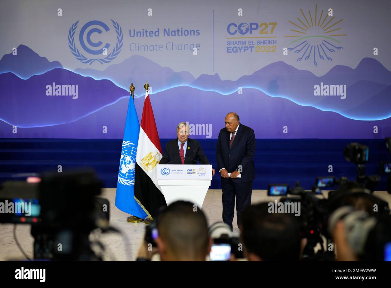 United Nations Secretary-General Antonio Guterres, speaks as Sameh Shoukry, president of the ...