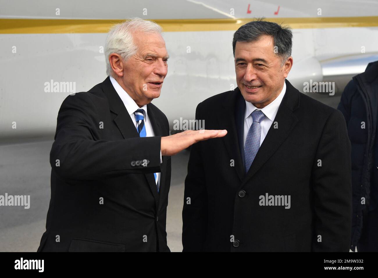 Foreign Minister of Uzbekistan Vladimir Norov, right, meets European Union foreign policy chief ...