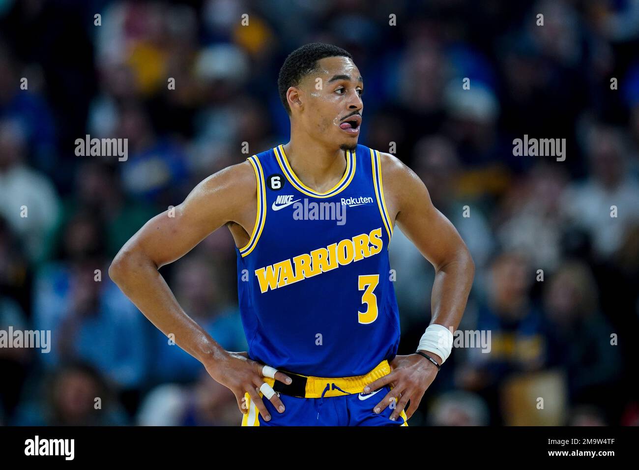Golden State Warriors guard Jordan Poole stands on the court during the ...