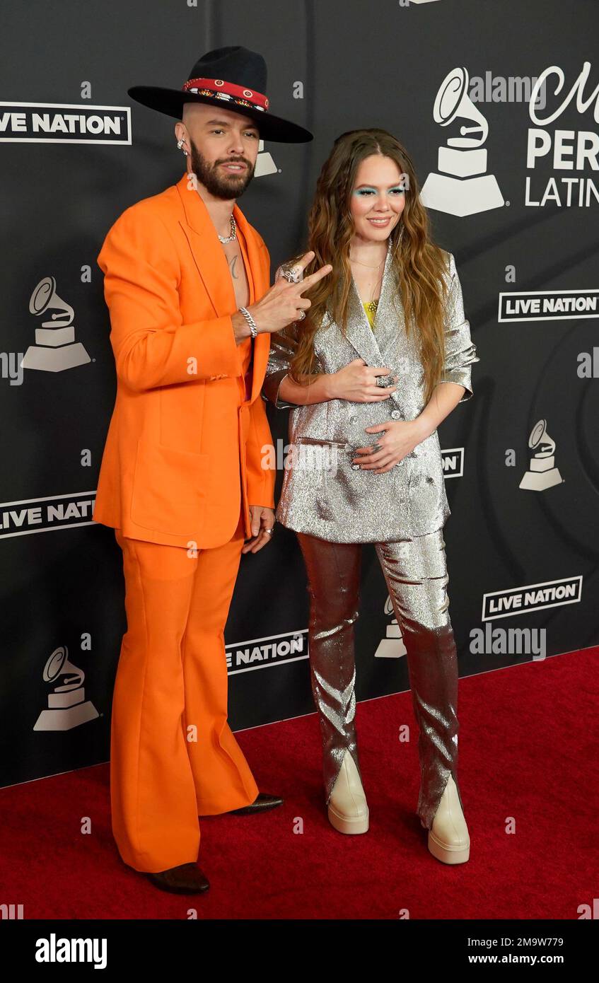 Jesse Huerta, left, and Joy Huerta of Jesse y Joy arrives at the Latin ...