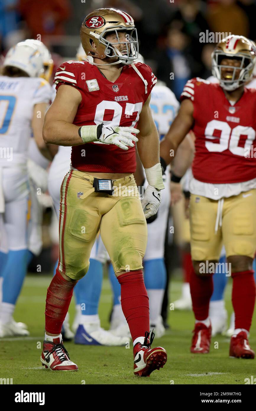 San Francisco 49ers defensive end Nick Bosa (97) reacts during an NFL ...