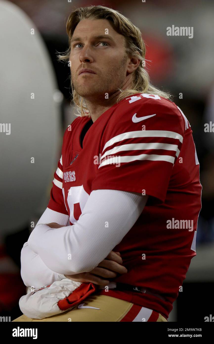 San Francisco 49ers punter Mitch Wishnowsky (18) sits on the sideline ...