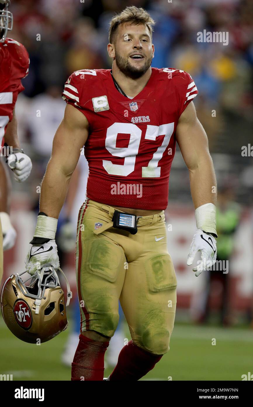 San Francisco 49ers defensive end Nick Bosa (97) reacts during an NFL ...