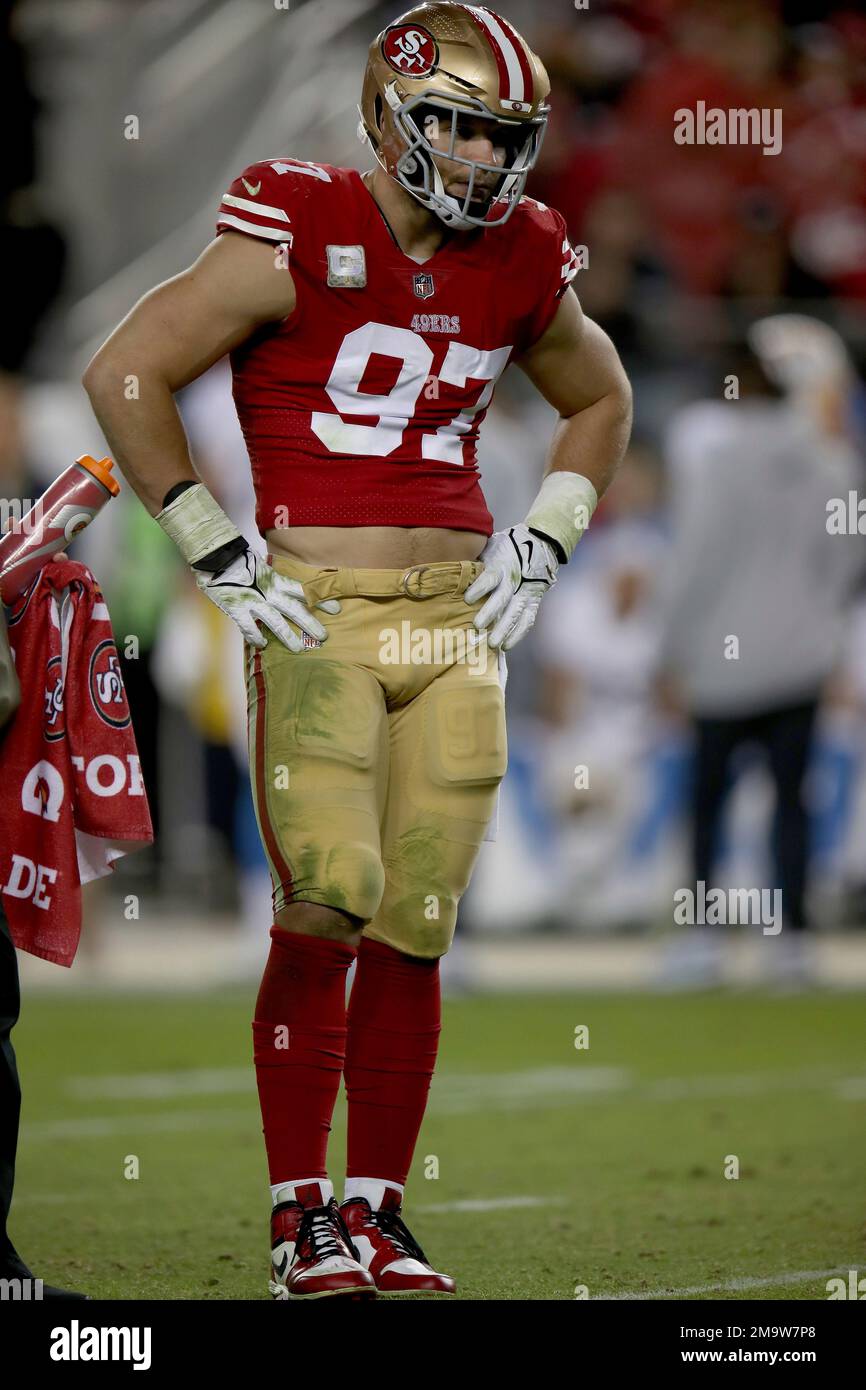San Francisco 49ers defensive end Nick Bosa (97) stands during an NFL ...