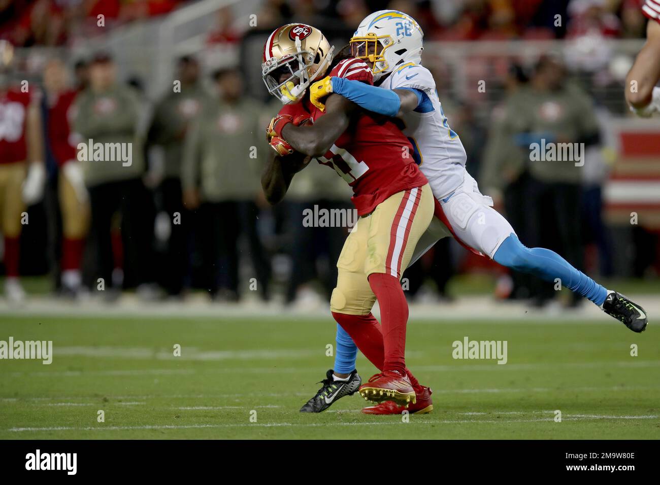 Los Angeles Chargers cornerback Asante Samuel Jr. (26) brings down San ...