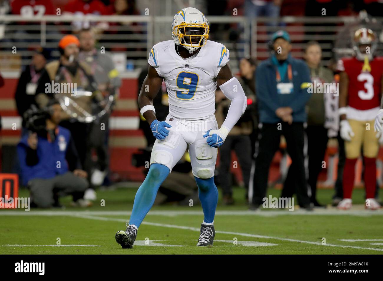 Los Angeles Chargers linebacker Kenneth Murray Jr. (9) reacts after a ...