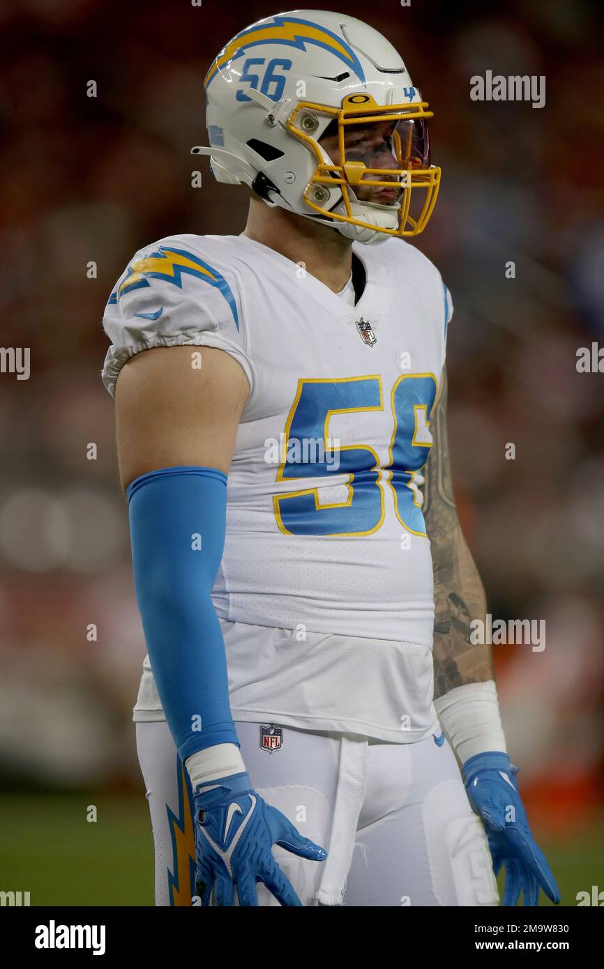 Los Angeles Chargers defensive end Morgan Fox (56) looks into the ...