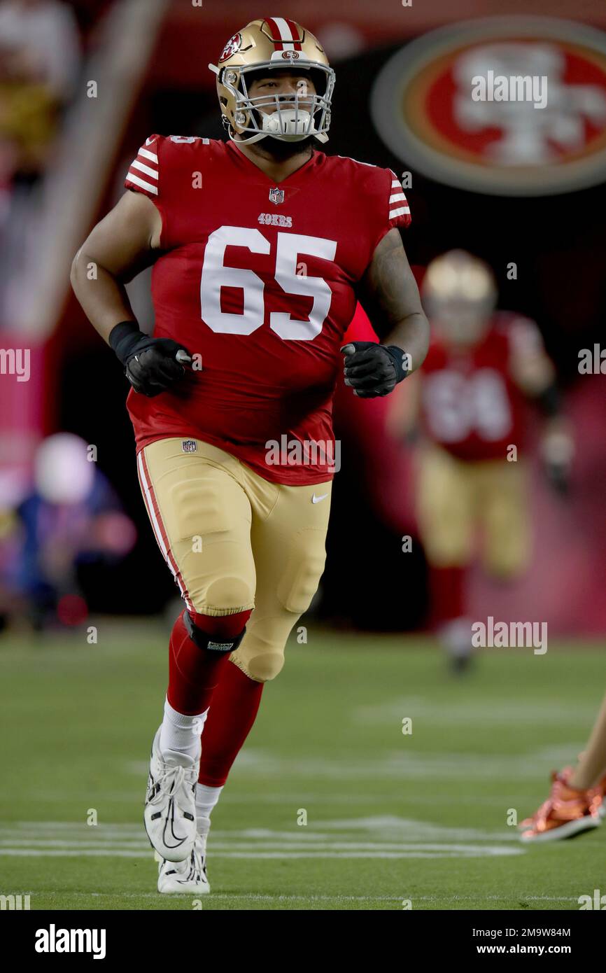 San Francisco 49ers guard Aaron Banks (65) runs onto the filed during ...