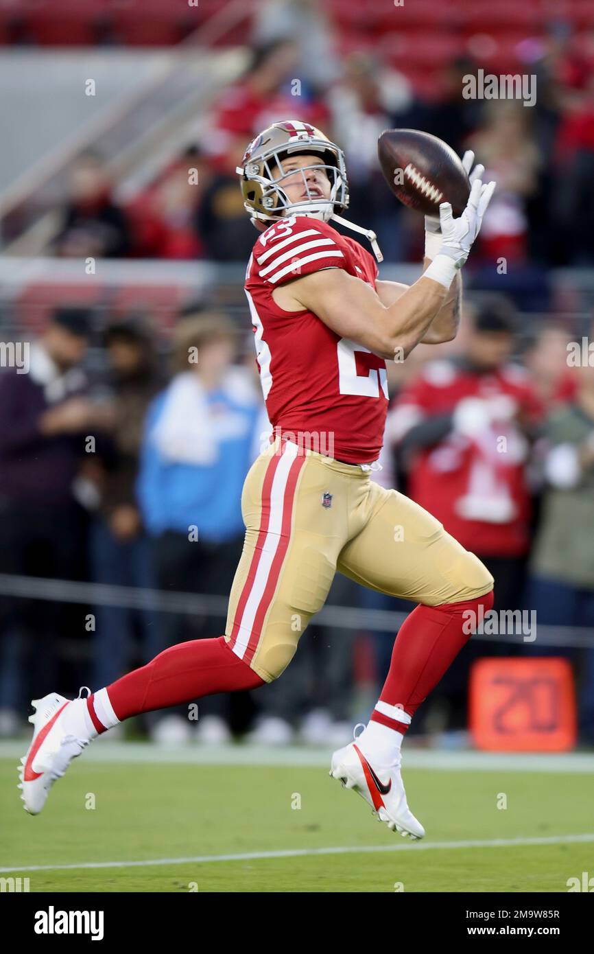 San Francisco 49ers running back Christian McCaffrey (23) warms up ...