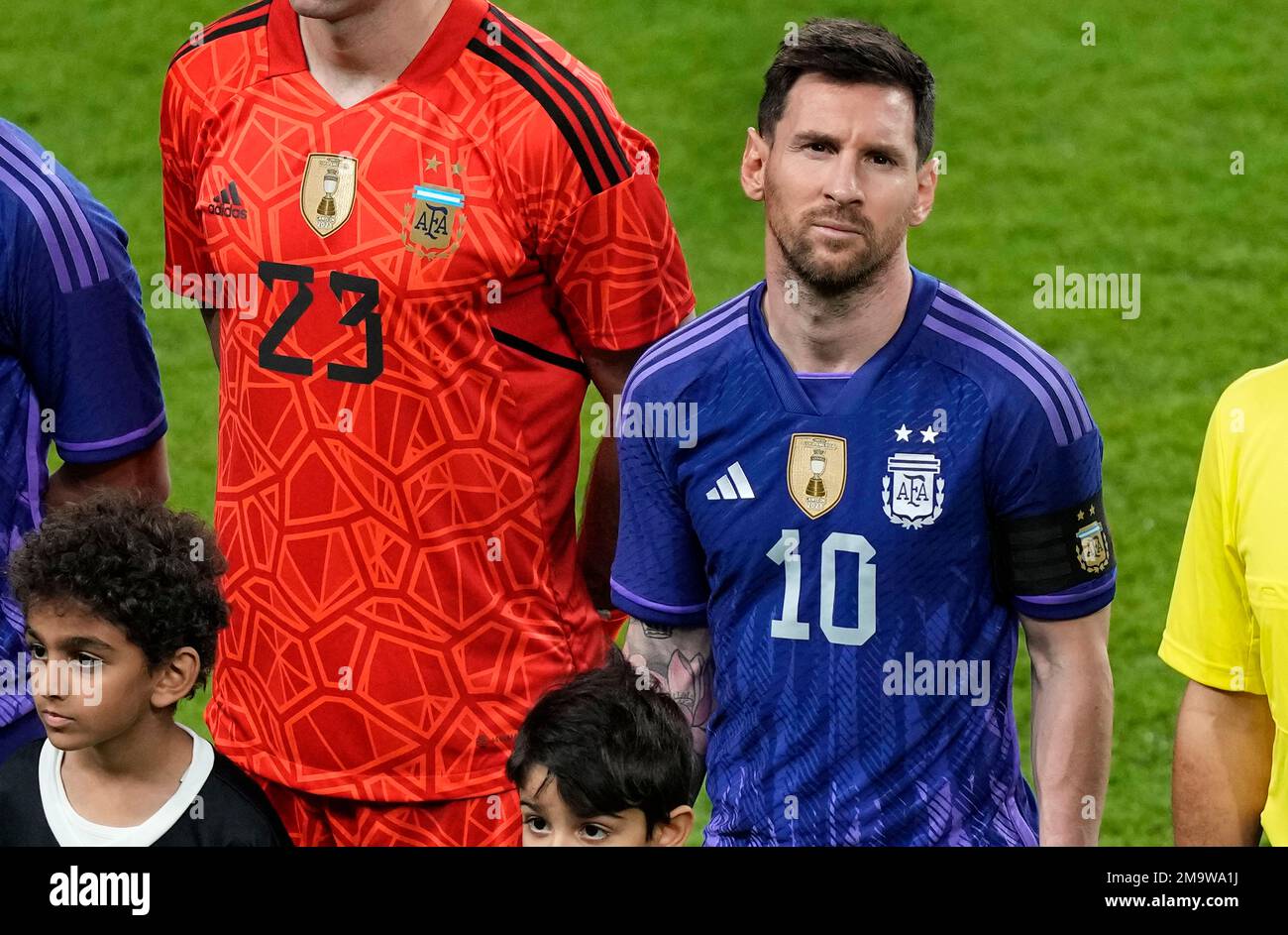 Argentina's Lionel Messi, left, listens to the United Arab Emirates ...
