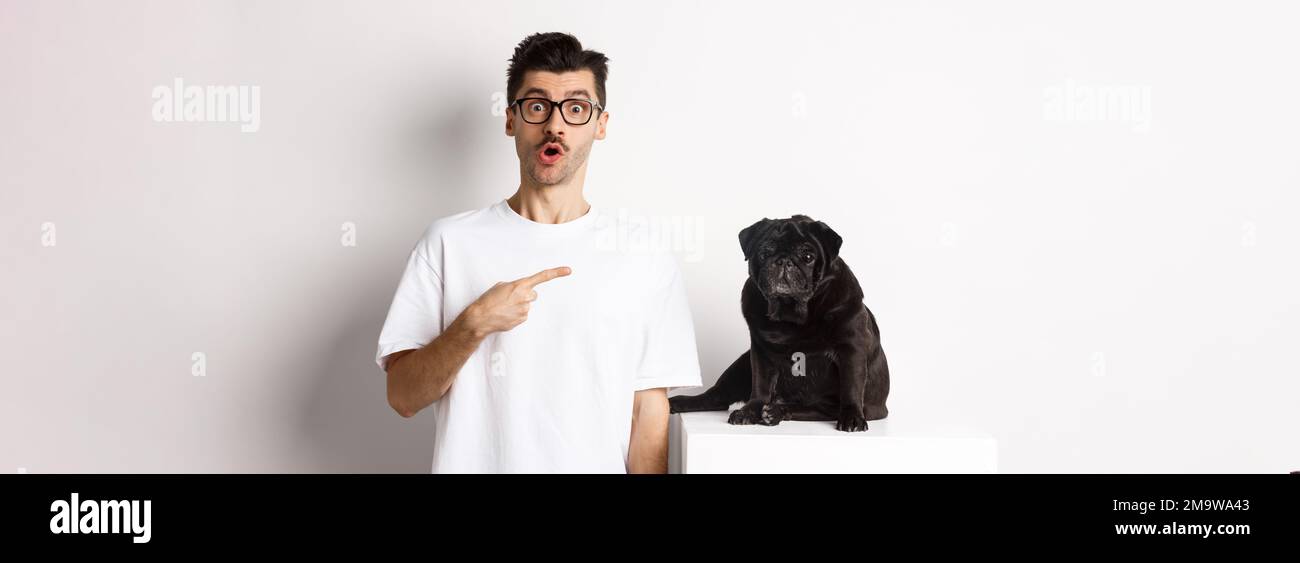 Happy young man showing his cute dog, pointing finger at black pug and ...