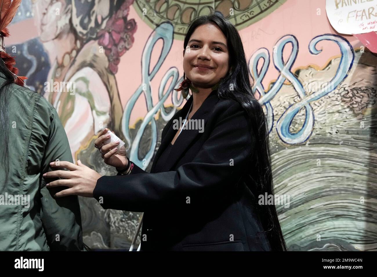 Helena Gualinga, climate activist from Ecuador, reacts after being ...