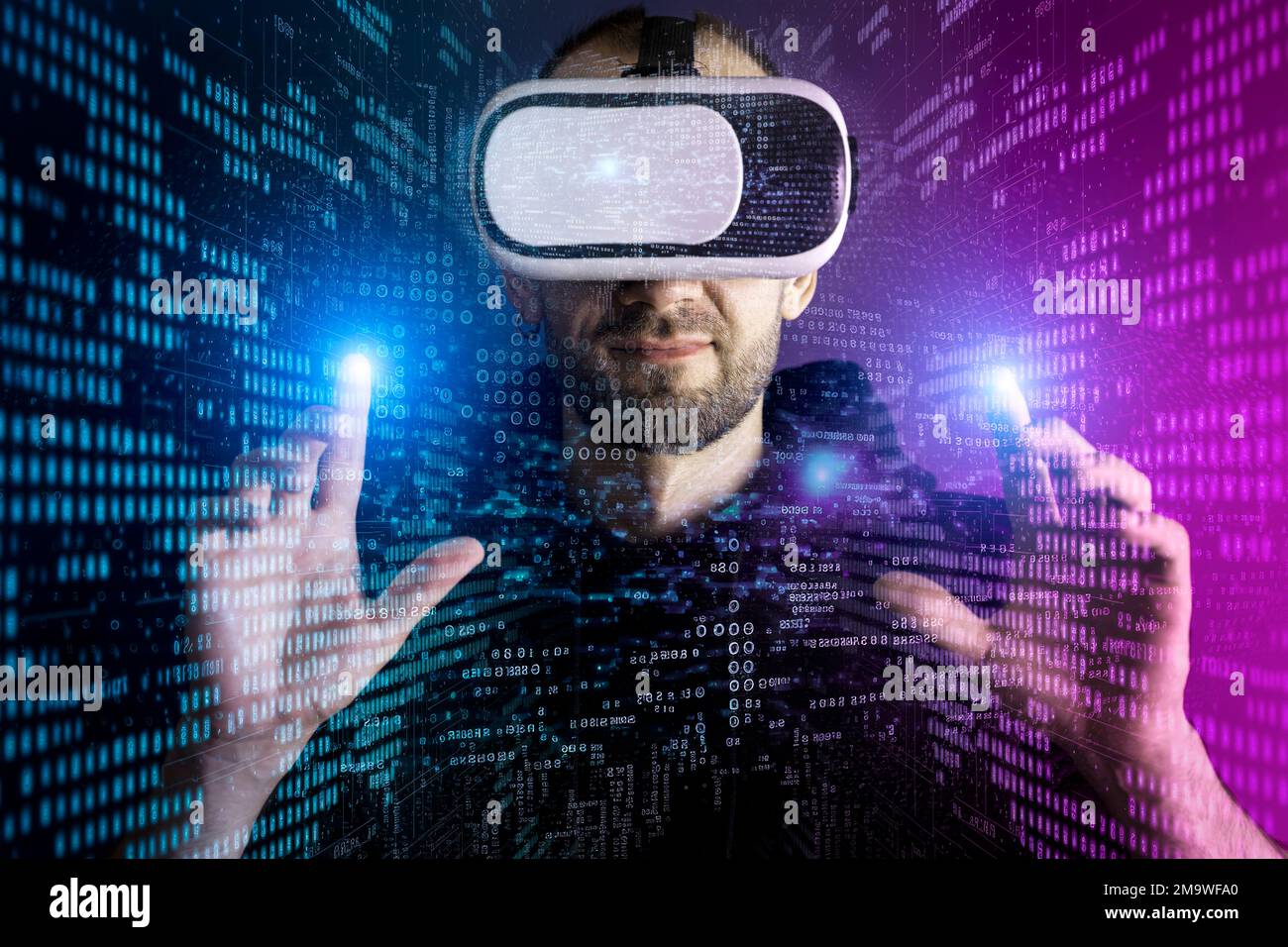 VR technology digital background. Man uses virtual reality glasses and interacts with 3D neon ...