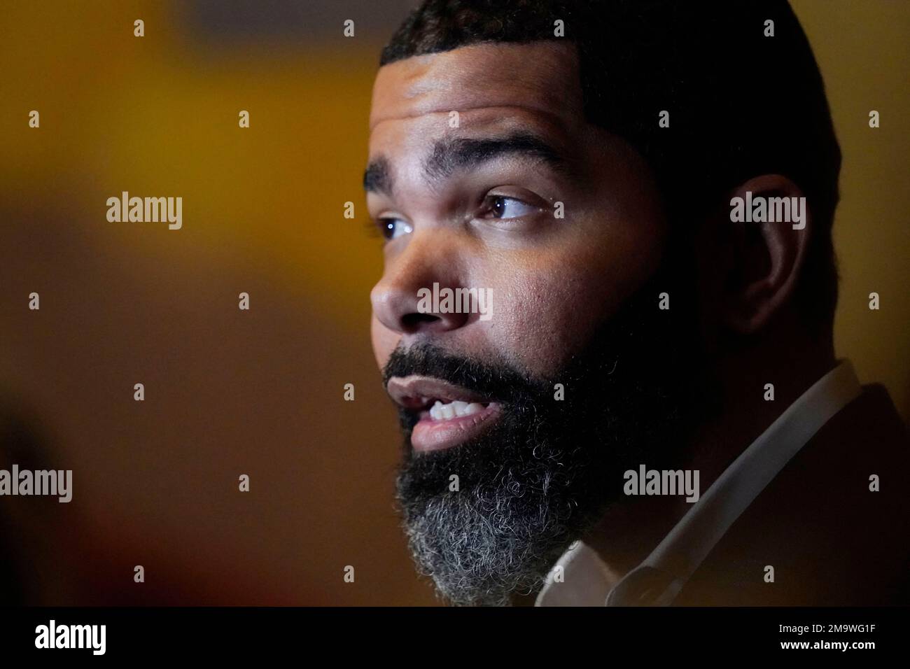 Jackson, Miss., Mayor Chokwe Antar Lumumba, speaks with reporters about ...