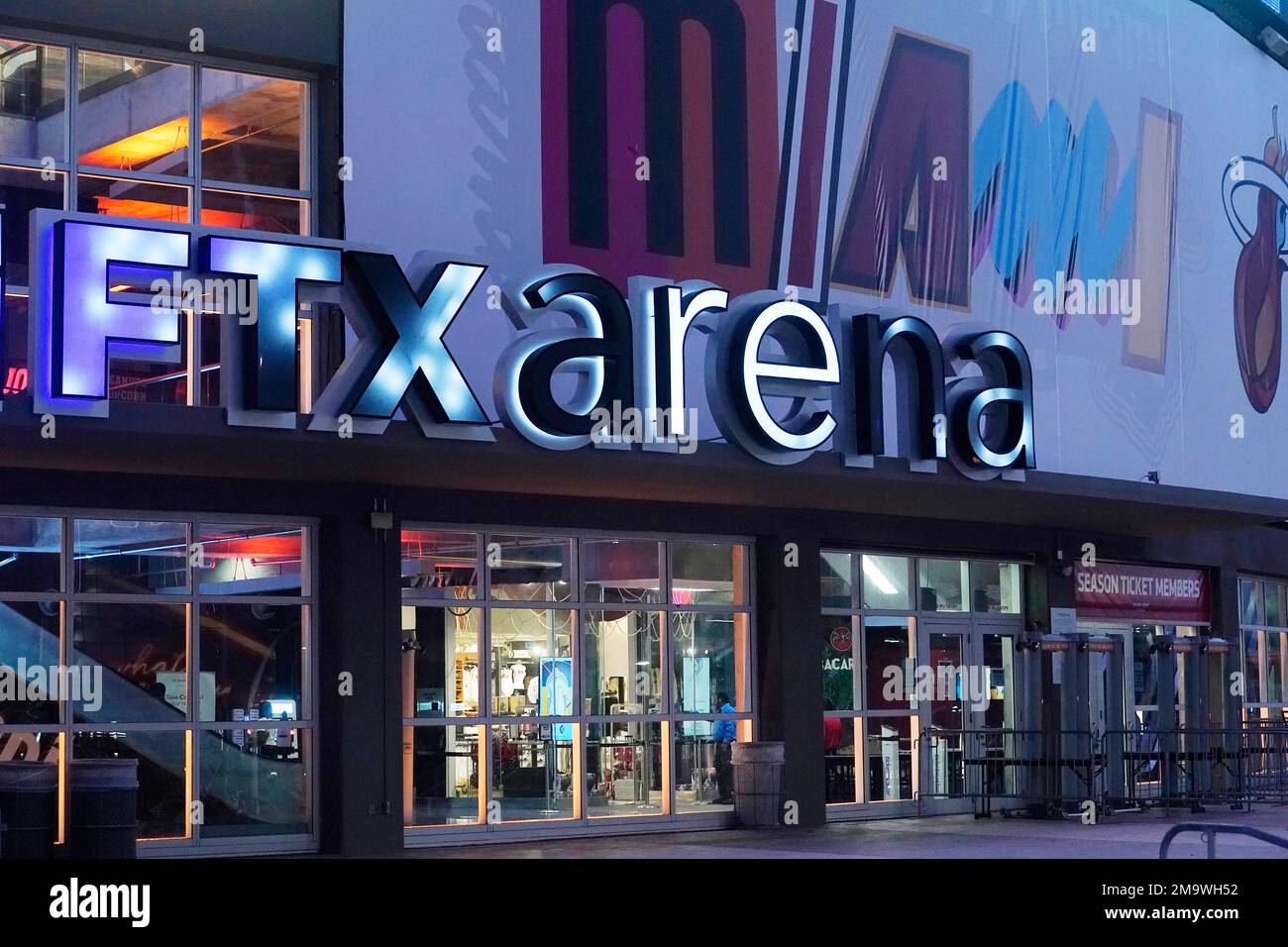 FILE - A sign for the FTX Arena, where the Miami Heat basketball team ...