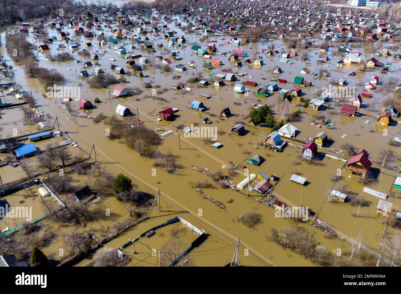 Aerial view of the flooded suburban areas during the spring flood ...