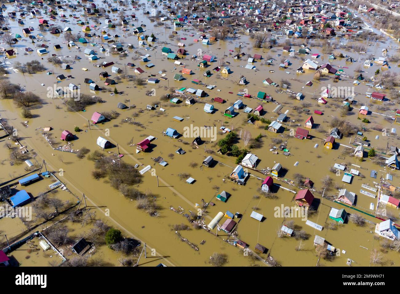 Aerial view of the flooded suburban areas during the spring flood ...