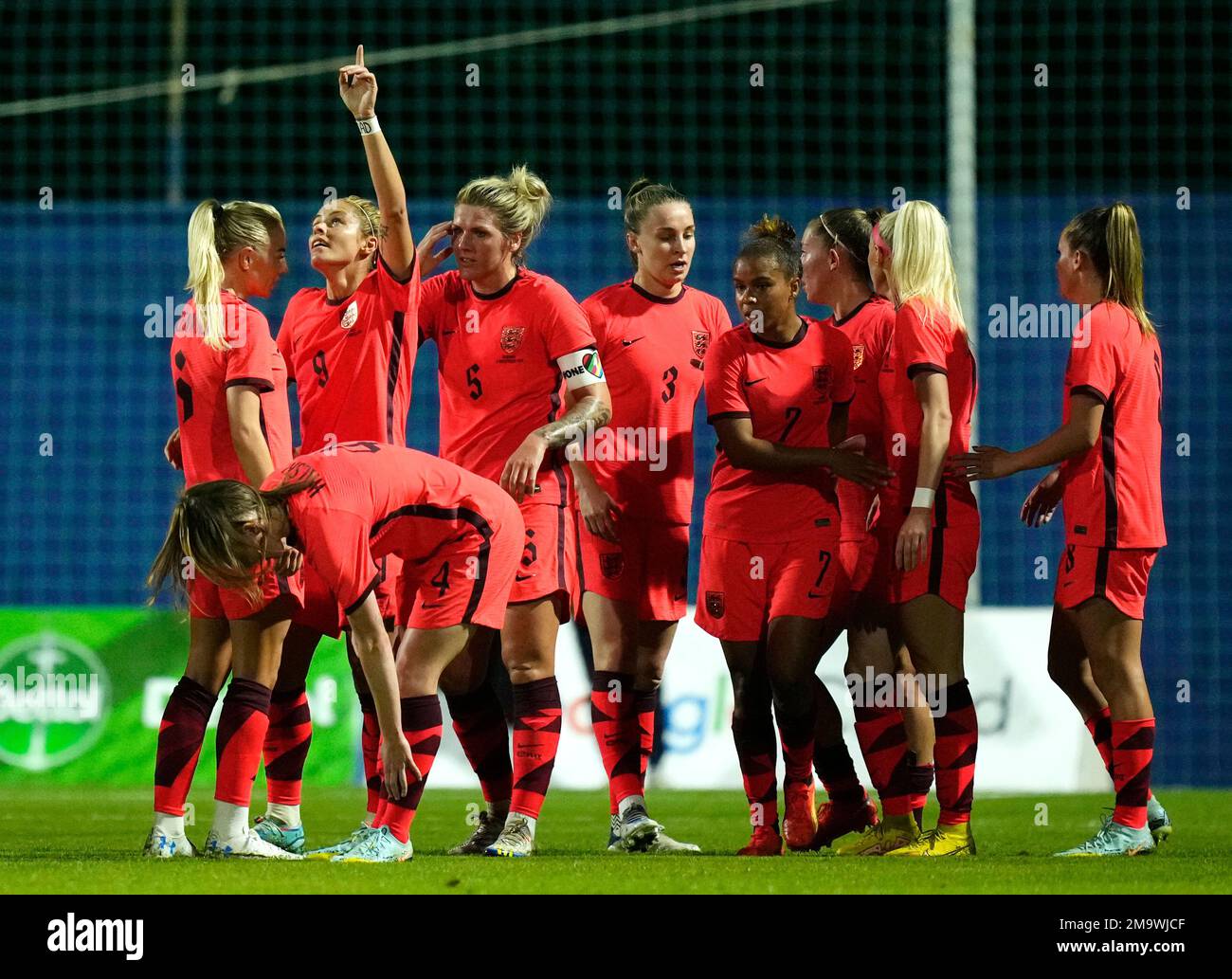 England's Rachel Daly, second left, celebrates after scoring her side's ...