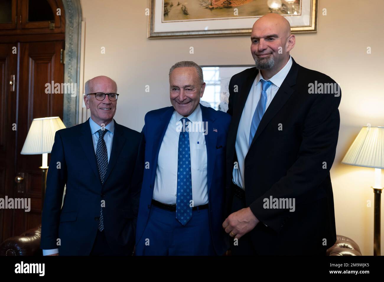 Senate Majority Leader Chuck Schumer, D-N.Y., center, welcomes Senator ...