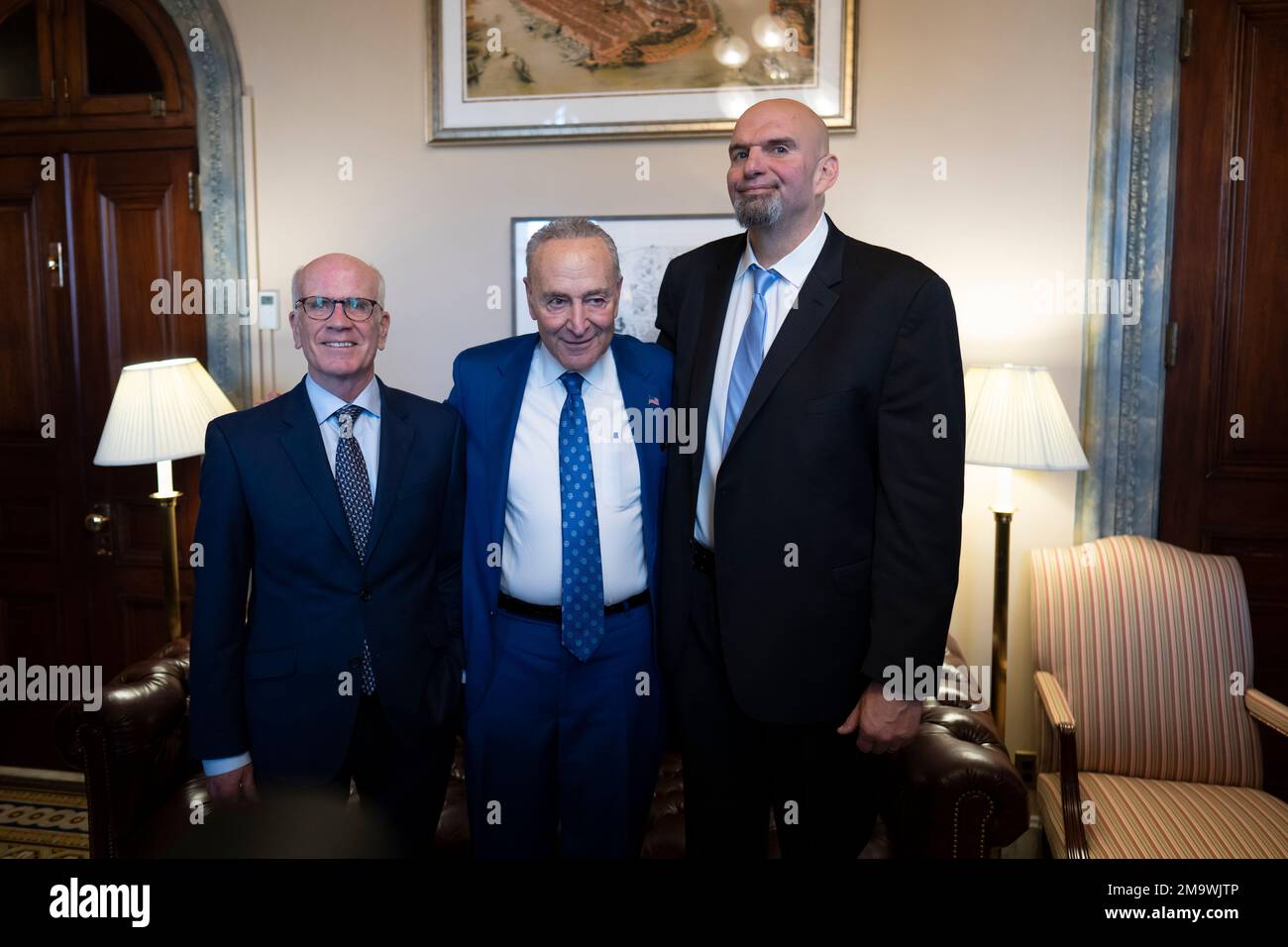 Senate Majority Leader Chuck Schumer, D-N.Y., center, welcomes Senator ...