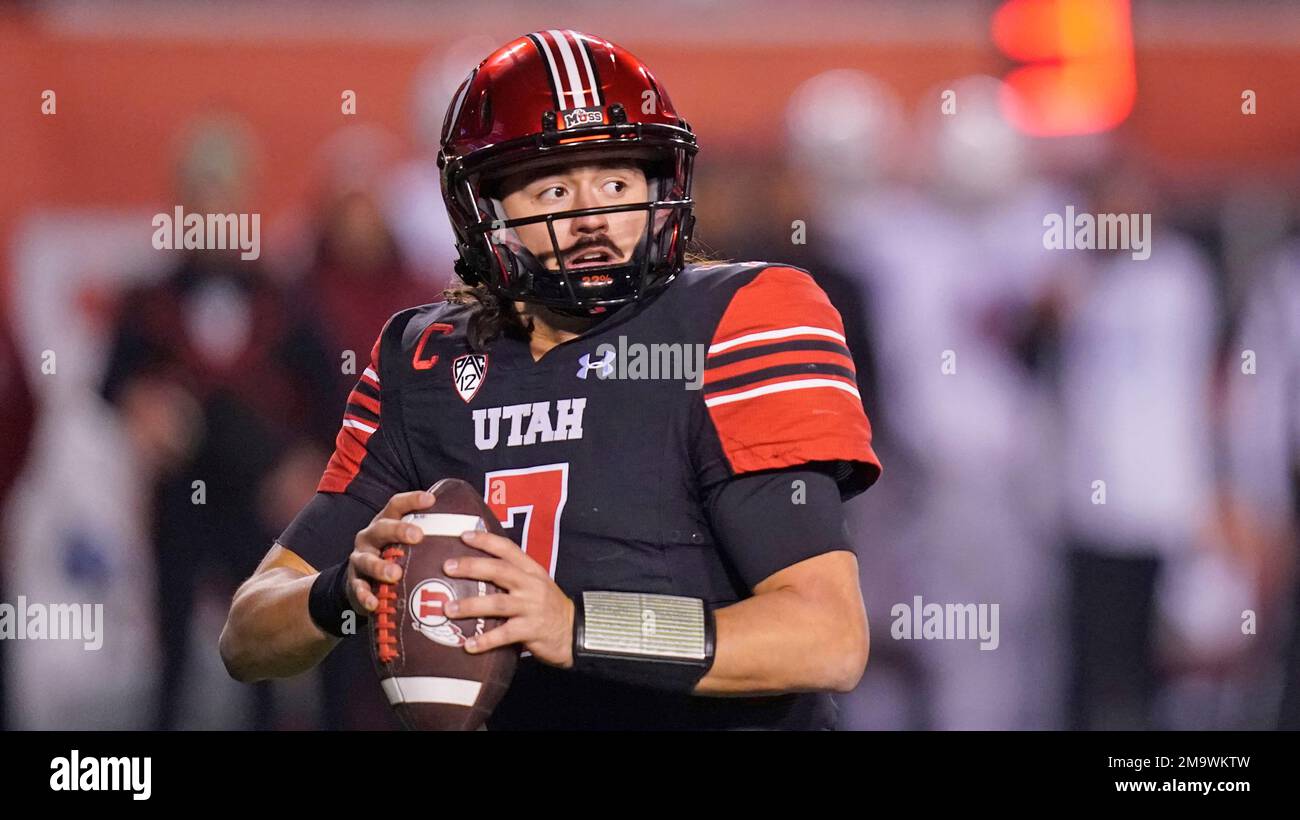 Utah quarterback Cameron Rising (7) looks downfield during the second half of an NCAA college ...
