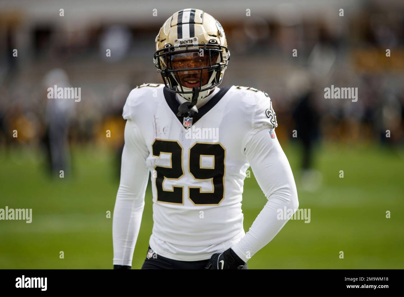 New Orleans Saints cornerback Paulson Adebo (29) warms up before an NFL ...