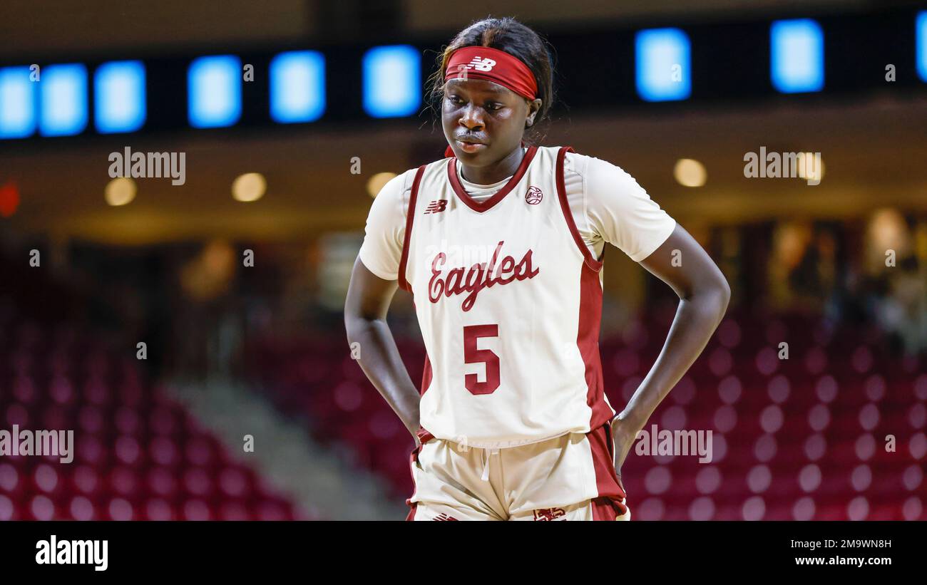 Boston College forward Maria Gakdeng (5) reacts during the first half ...