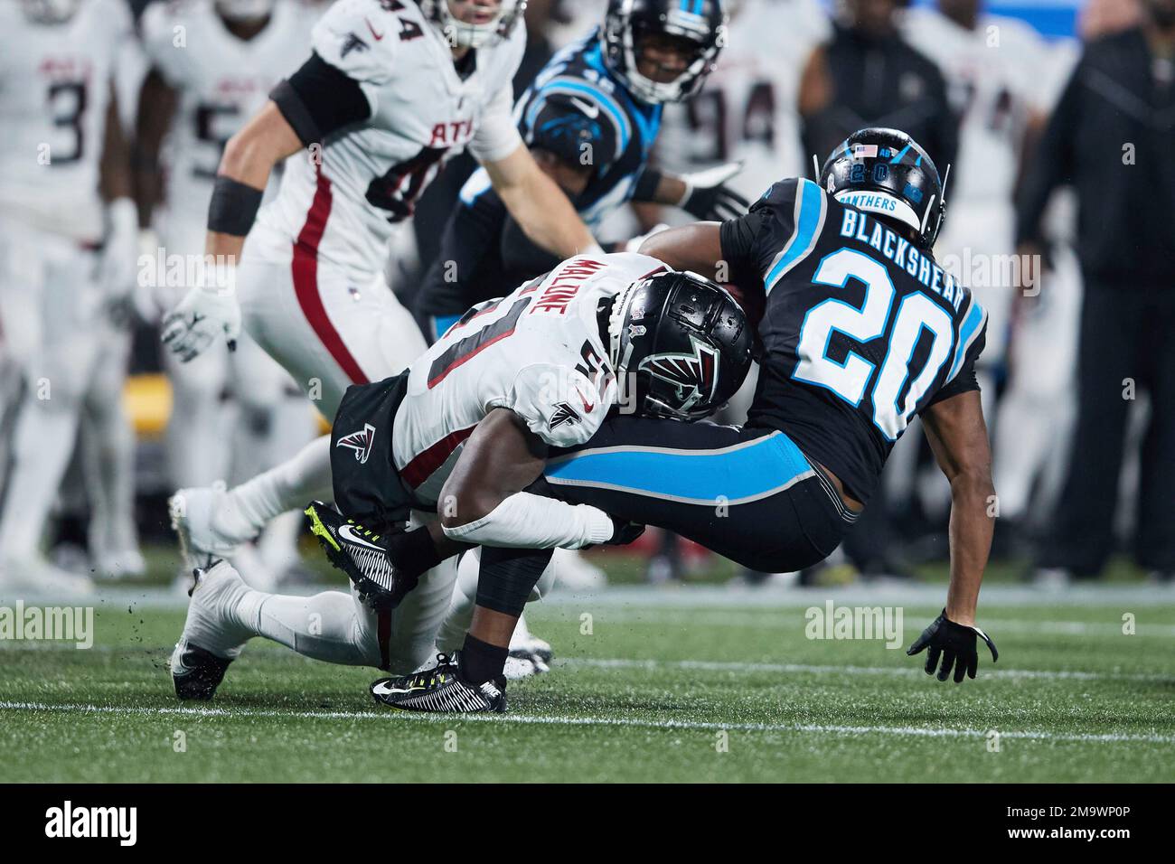 Carolina Panthers running back Raheem Blackshear (20) is tackled by ...