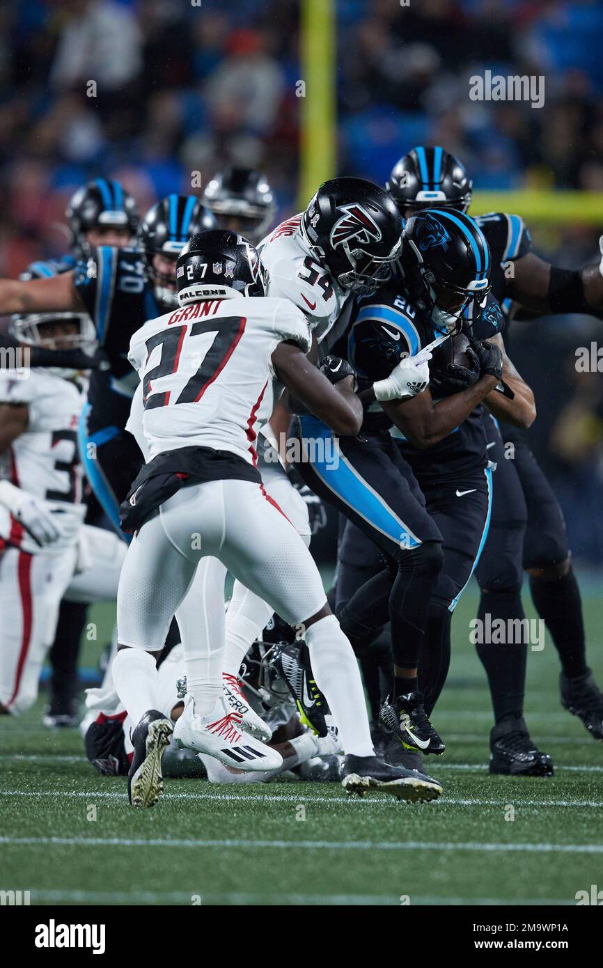 Carolina Panthers running back Raheem Blackshear (20) is tackled by ...