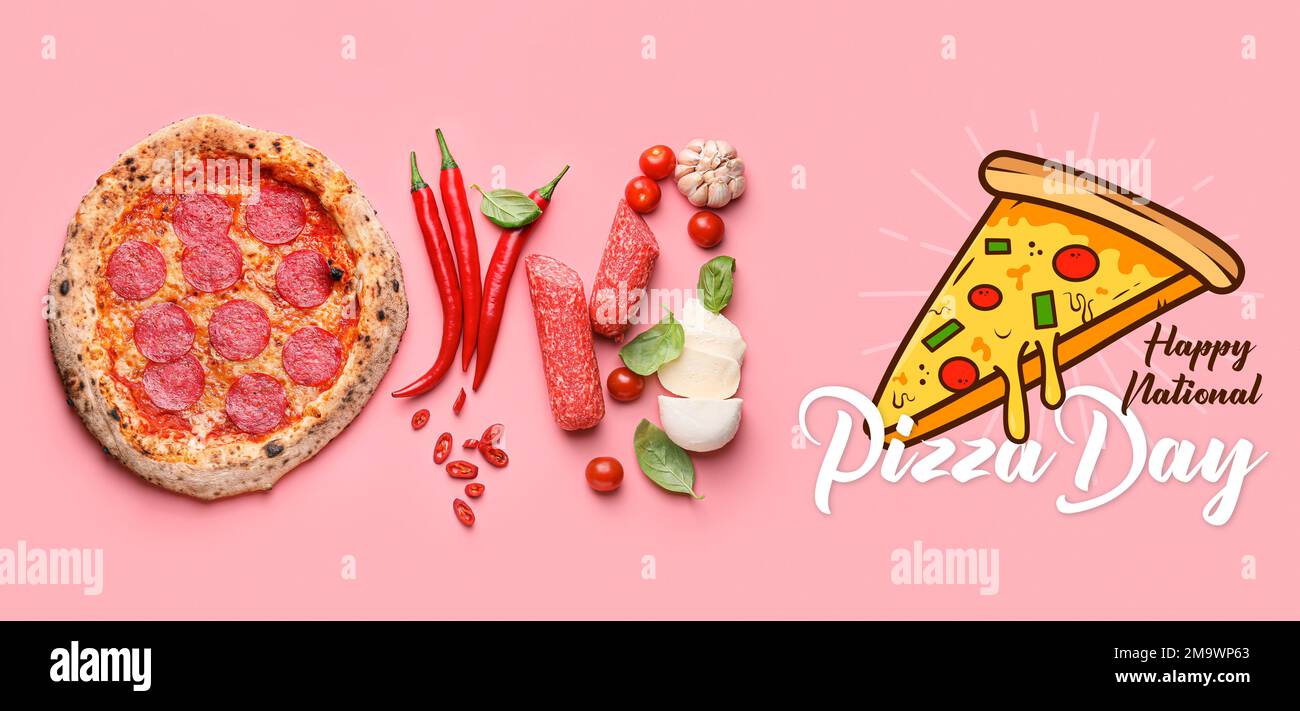 Delicious pizza and ingredients on pink background. Banner for National ...