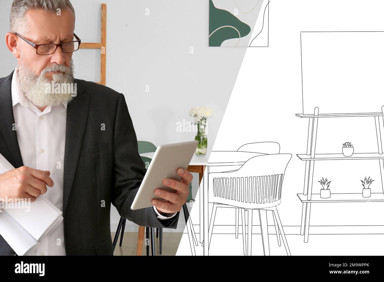 Mature male designer with tablet computer, drawings and new project of ...