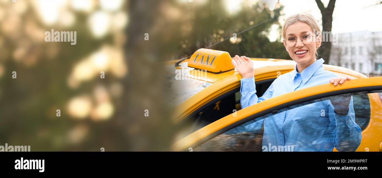 Portrait of beautiful taxi driver near car. Banner for design Stock ...
