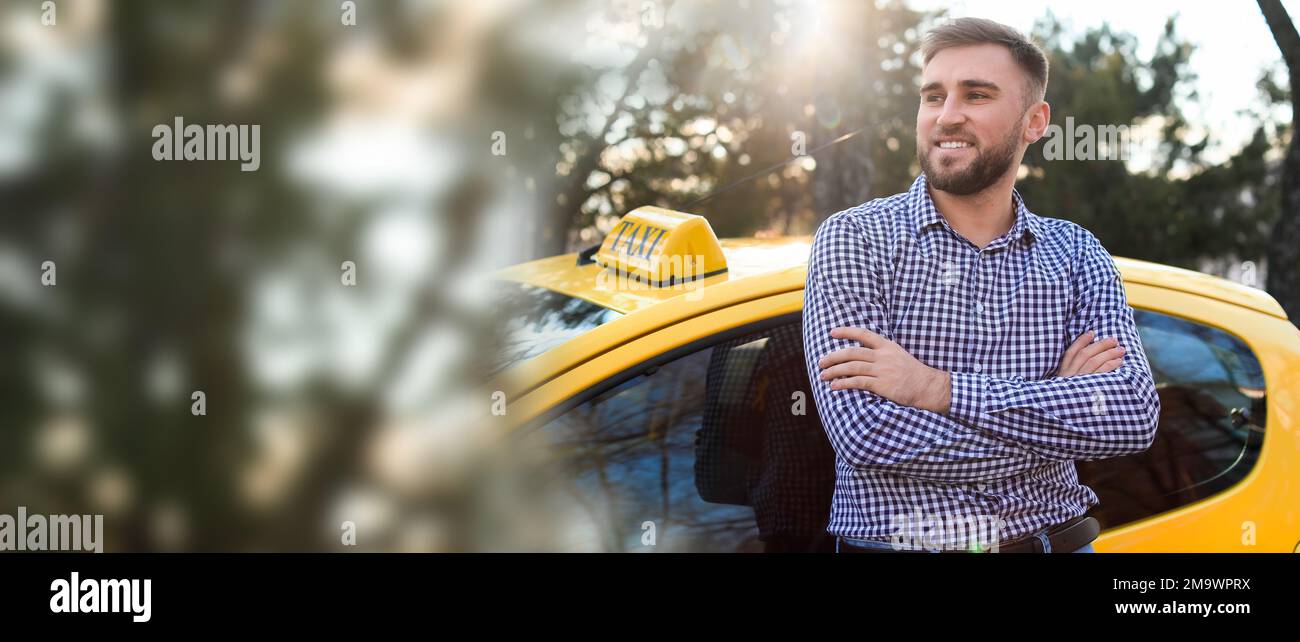 Portrait of handsome taxi driver outdoors. Banner for design Stock ...